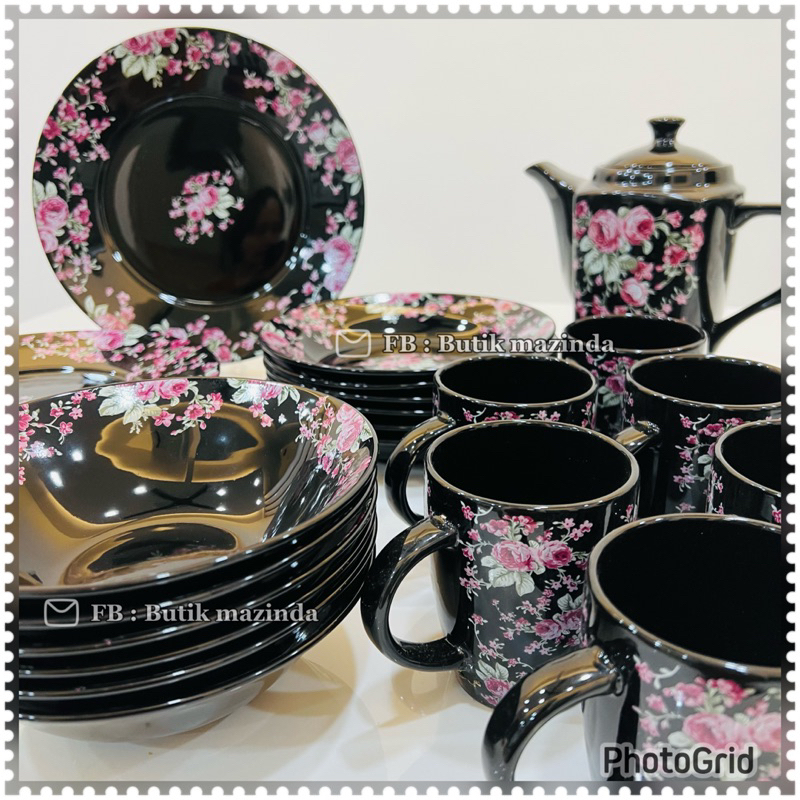 2023 New Collection! Set pinggan hitam / Set Cherry Blossom | Shopee ...