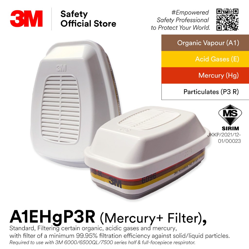 3M 6096 PARTICULATE FILTER P3 CE SIRIM Mercury Organic Vapour & Acid ...