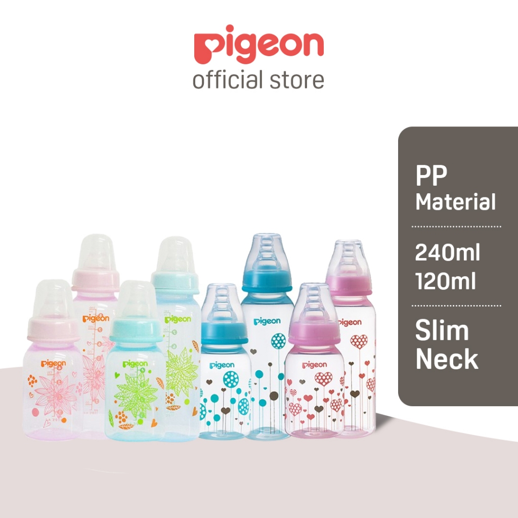 PIGEON Flexible Slim Neck Clear PP Nursing Bottle, Peristaltic Nipple (120ml-S / 240ml-M ...