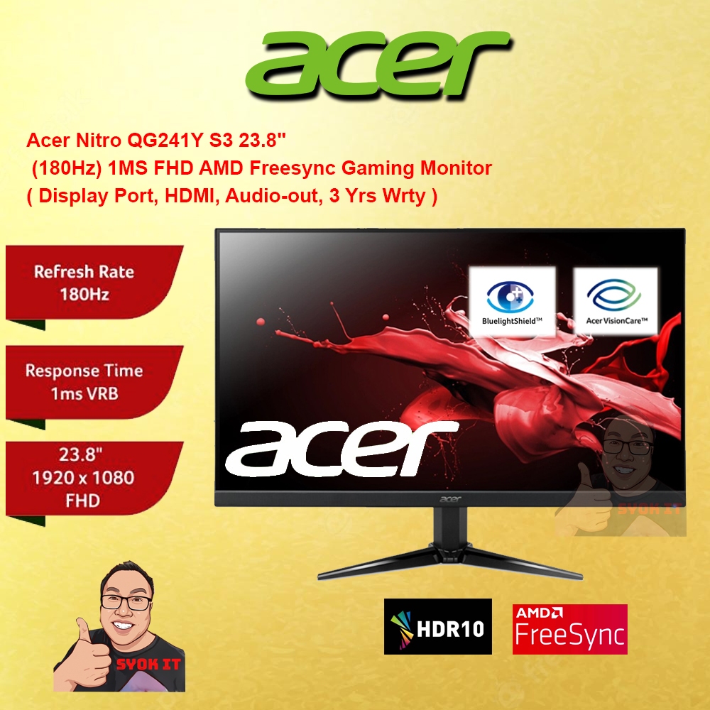 Acer Nitro QG241Y S3 23.8 / QG271 S3 27" FHD 180Hz Gaming Monitor ( DP ...