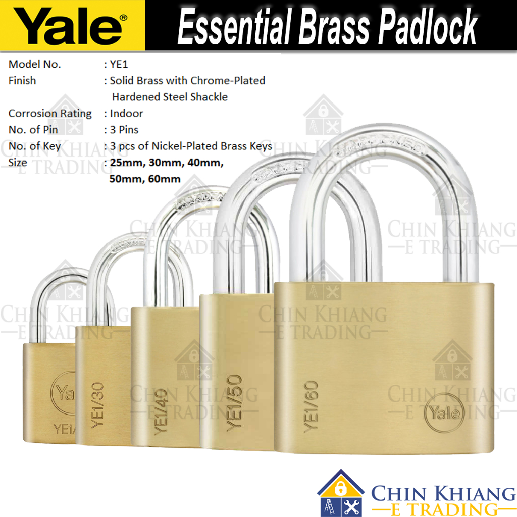 Yale YE1 Essential Hardened Steel Brass Padlock Indoor - 20mm 25mm 30mm 40mm 50mm 60mm | Shopee ...