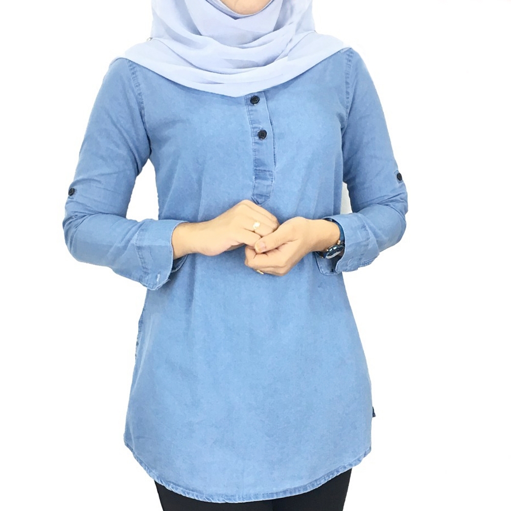 [Ready Stock] Denim Long Sleeve Baju Muslima Half Button Harga Murah ...