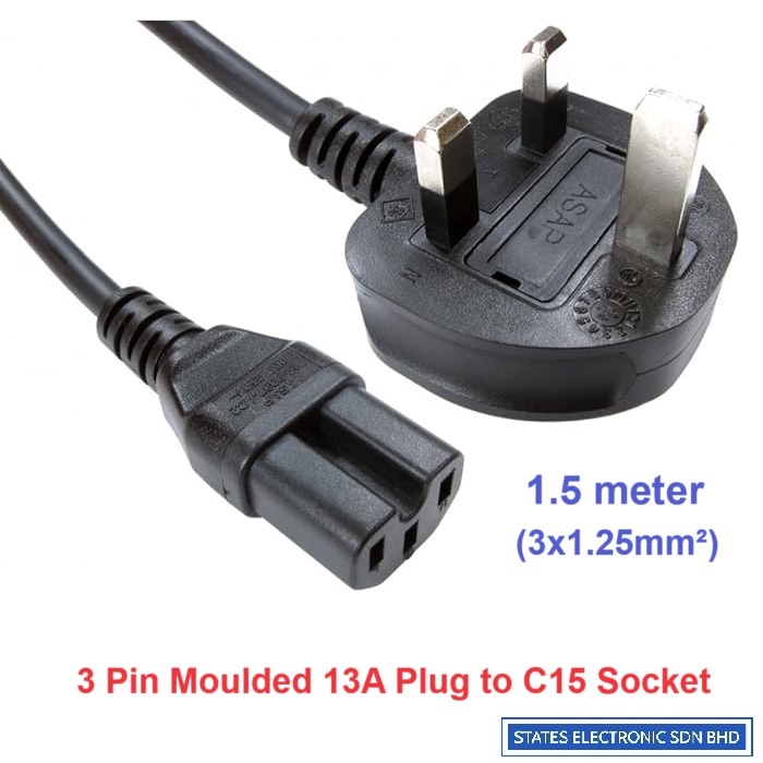 3 Pin Molded 13A Plug Power Cord Cable to C15 Socket - 1.5 meter (3x1 ...