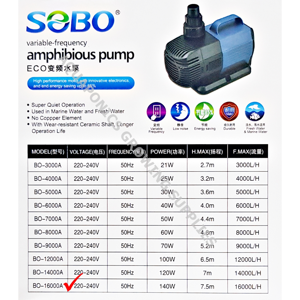 SOBO Amphibious Aquarium Eco Pond Water Pump BO-1800A BO-2000A BO-2800A ...