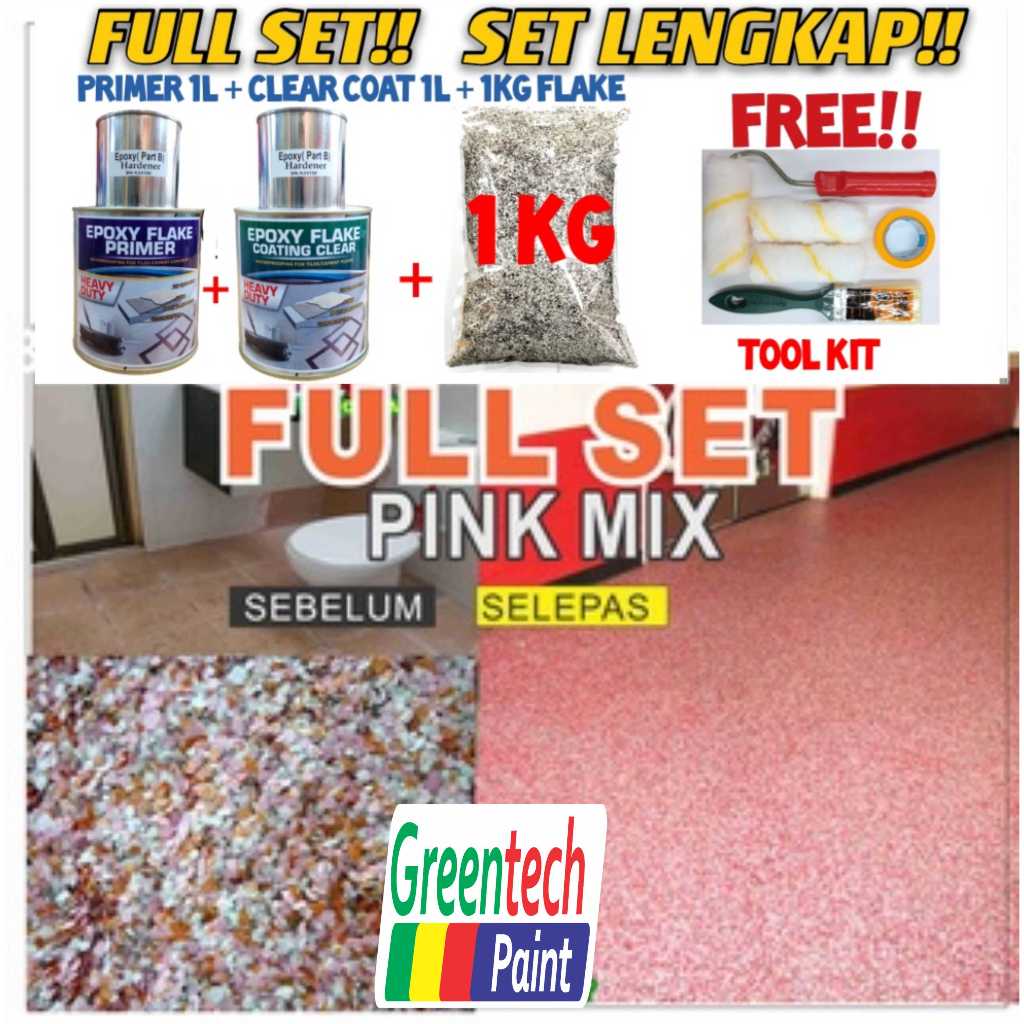 FULL SET ( GREENTECH ) Epoxy Colour Flake Coating Toilet Floor Tile Waterproof (FREE TOOL/1L ...