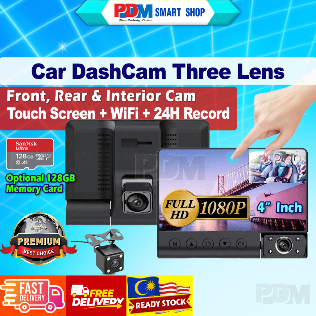PDM Car Dashcam 3 Lens Front Rear & Interior Cam 4 inch Touch Screen ...