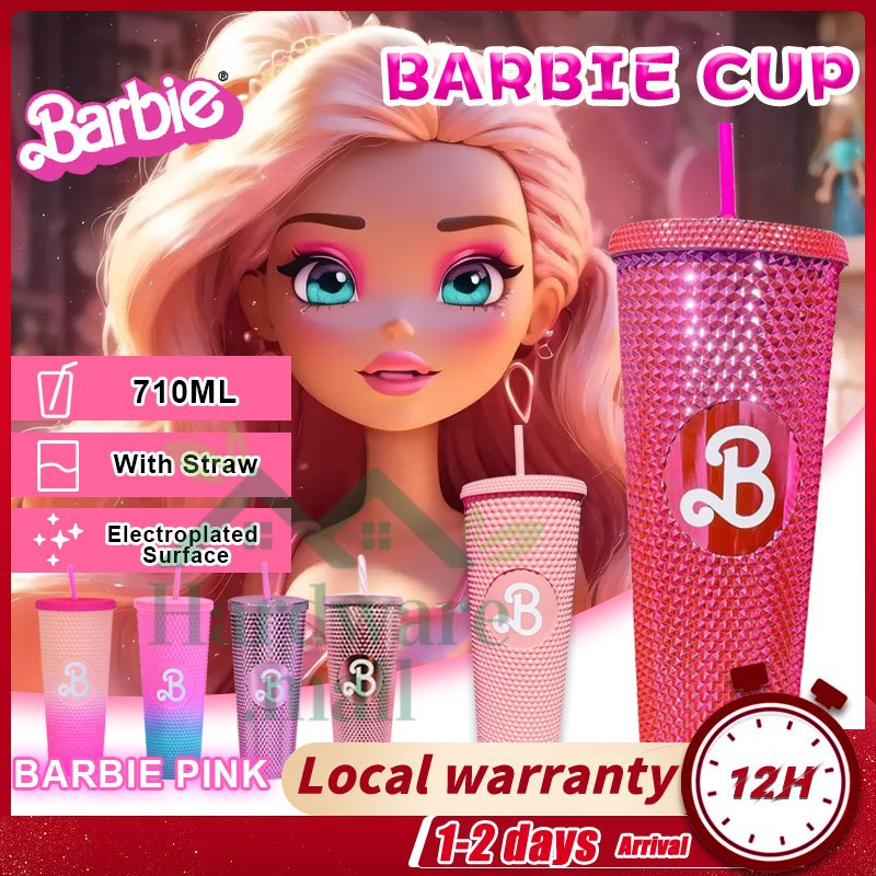 Water Bottle Pink Barbie With Straw Drinking Cups Barbiee Studded Tumbler Barbies Water Bottle ...