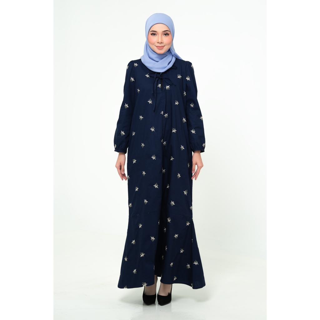 Betty Floral Embroidery Cotton Long Dress in Navy Blue/ Gaun Panjang ...