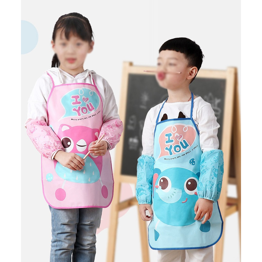Elak Kotor!! School Painting Cover Cute Children Cartoon Cuff Apron ...