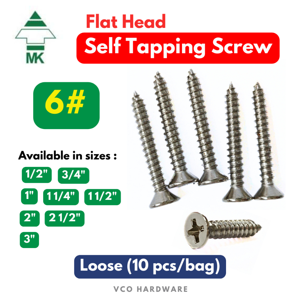 [ 10 PCS / 6# ] MK 6# Flat Head Self Tapping Screw/Countersunk flat ...