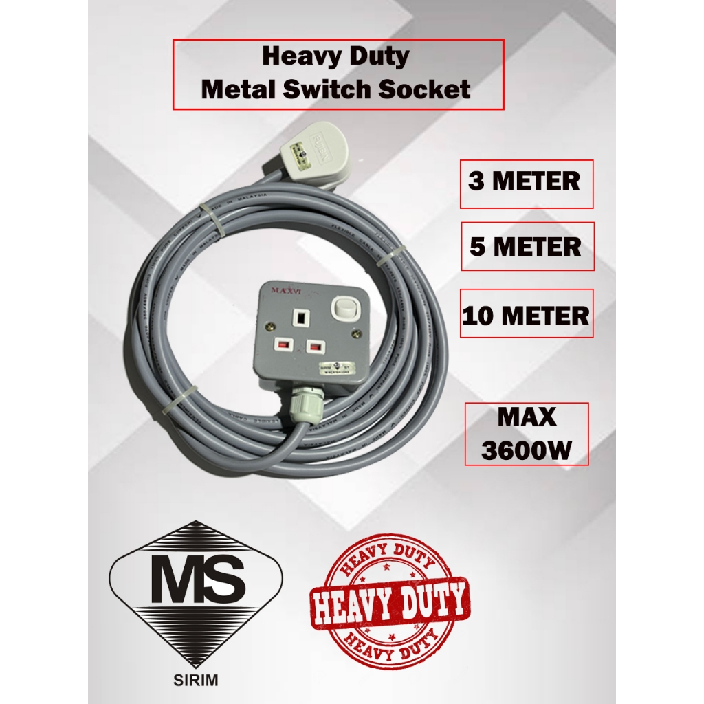 MAXVI Heavy Duty Metal Clad 13A Switch Socket Power Extension Trailing ...
