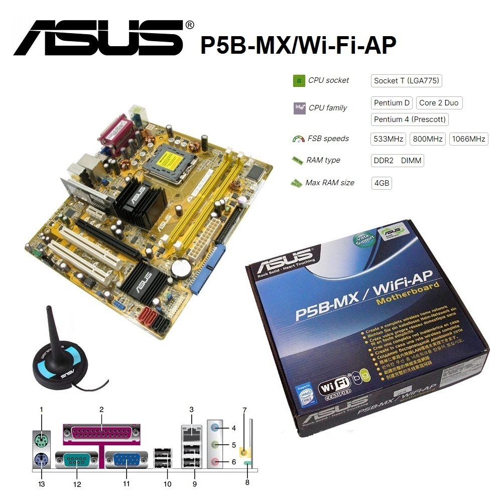 ASUS P5N-MX/WiFi-AP Socket ( 775 ) Motherboard Included External Wi-Fi Solo Jack Antenna ...
