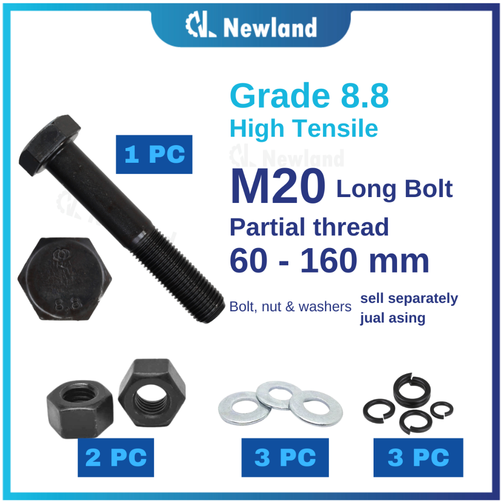 Newland Agriculture M20 Bolt and Nut - Grade 8.8 Hex Long Bolt Partial Thread / Nut / Skru ...