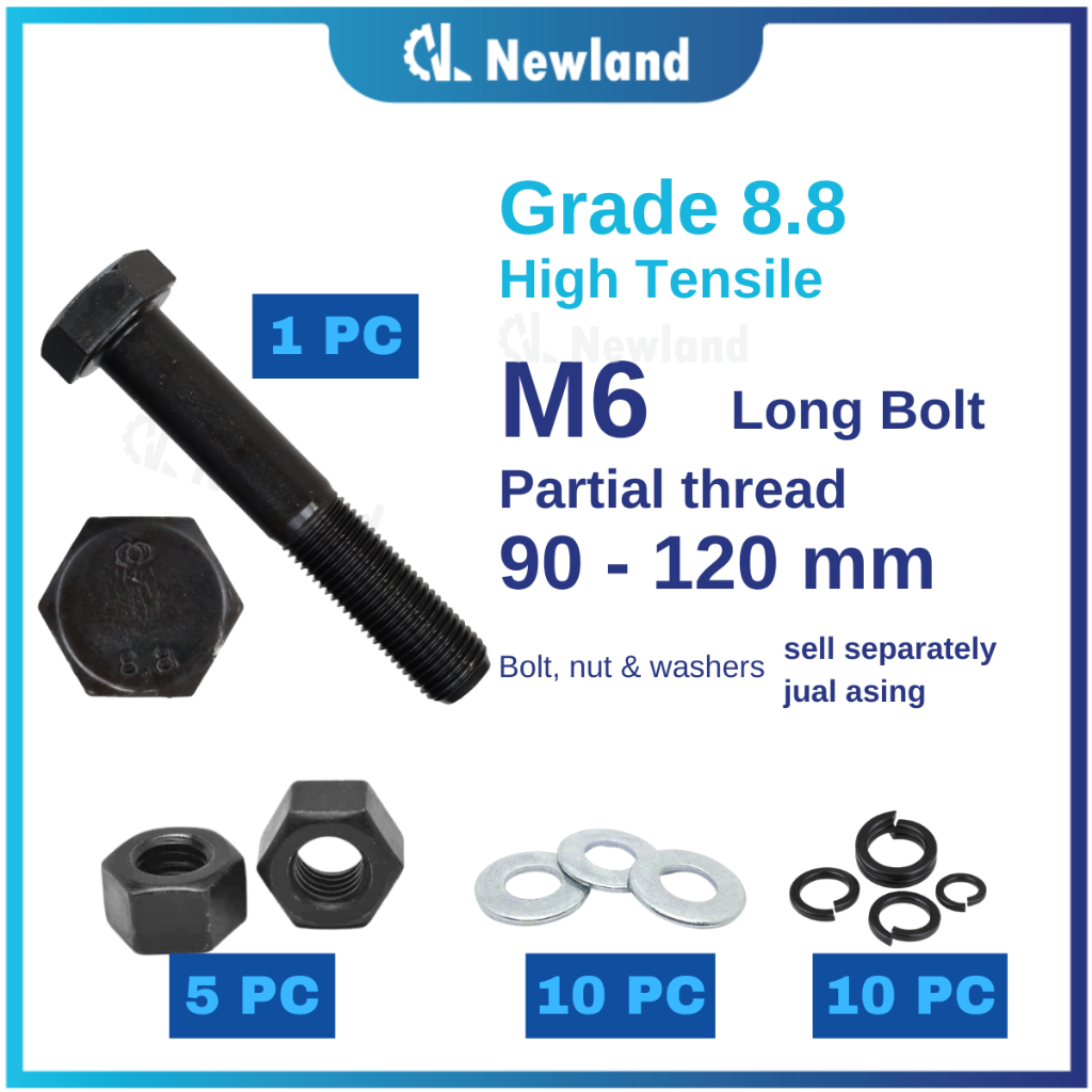 Newland Agriculture M6 Bolt and Nut - Grade 8.8 Hex Long Bolt Partial ...