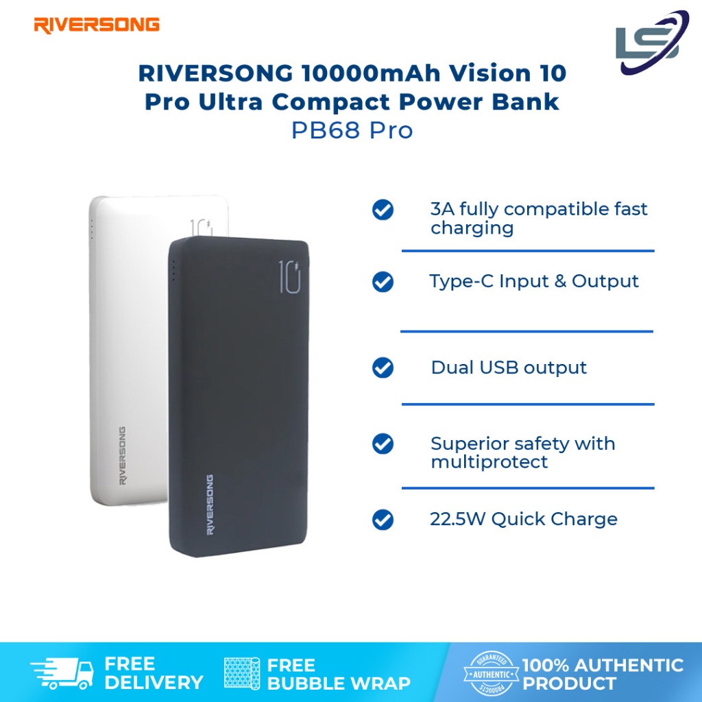 RIVERSONG 10000mAh Vision 10 Pro Ultra Compact Power Bank PB68 Pro |3A Fully Compatible Fast ...