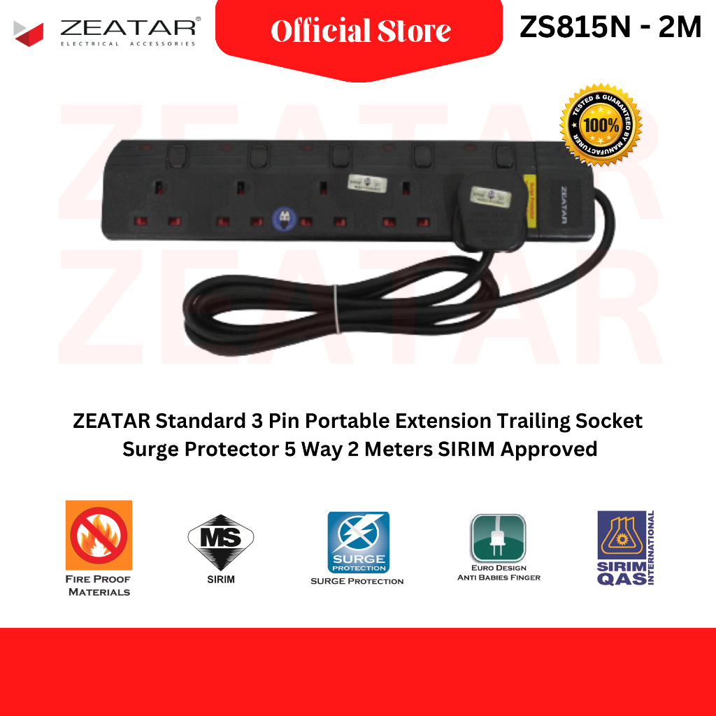 Zeatar Standard 3 Pin Portable Extension Trailing Socket Surge Protector 3 4 5 Way 2 Meters
