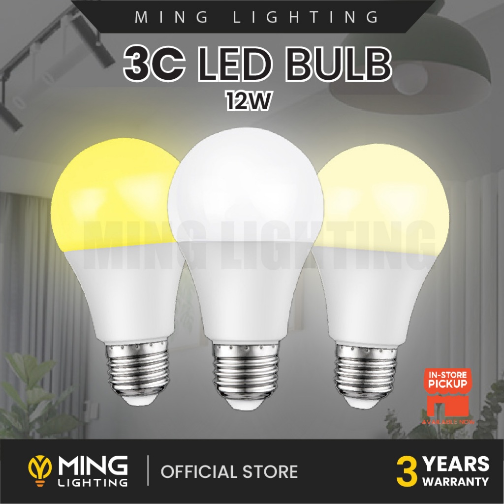 3 Color LED Bulb 12W E27 Mentol Lampu Energy Saving Table Lamp Ceiling ...