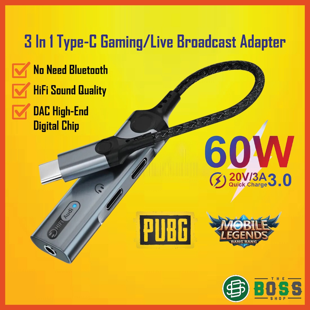 3 In 1 Type-C Adapter to 3.5mm & TypeC For Gaming, LiveBroadcast,Listen ...