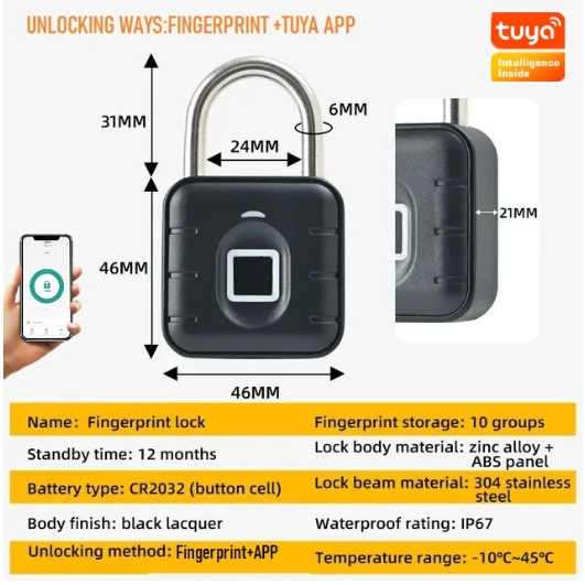 Smart Lock Smart Life /Tuya Fingerprint Padlock/Bluetooth Gateway Quick ...