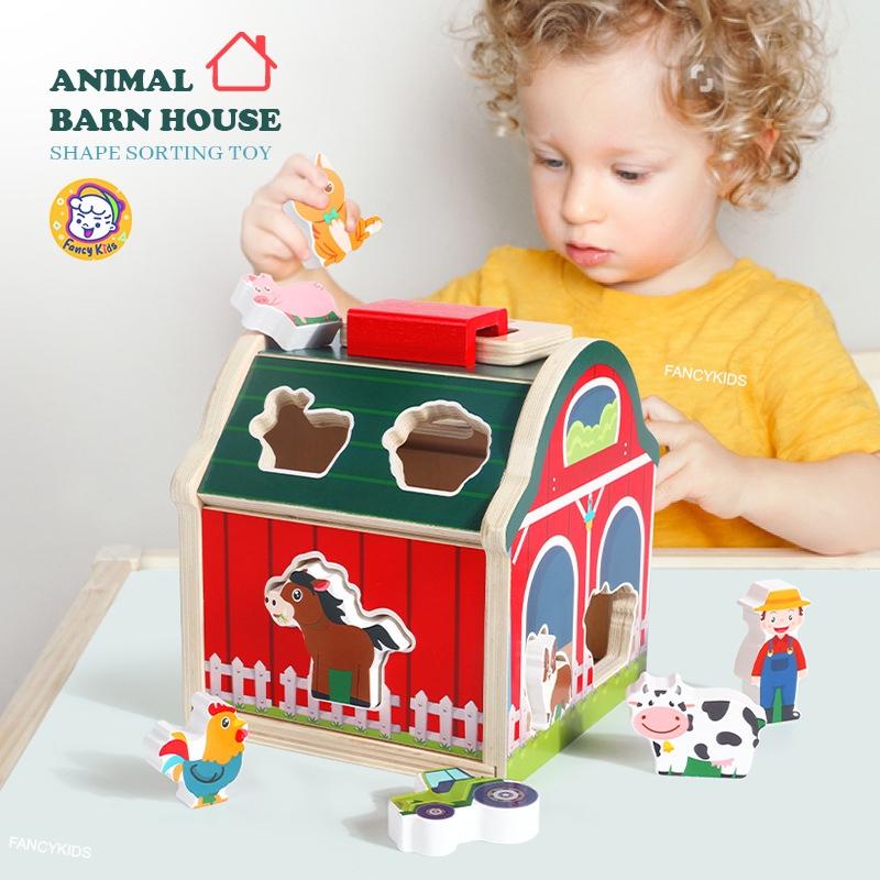 Wooden Farm Animals Barn Toy/Shape Sorter for Toddlers/Montessori Early ...