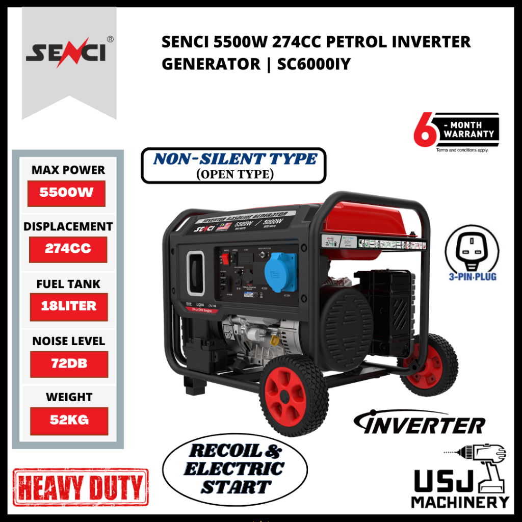 SENCI 5500watt/5.5KW Inverter Petrol Generator c/w Engine SV275 SC6000iY - OPEN TYPE & INCLUDED ...
