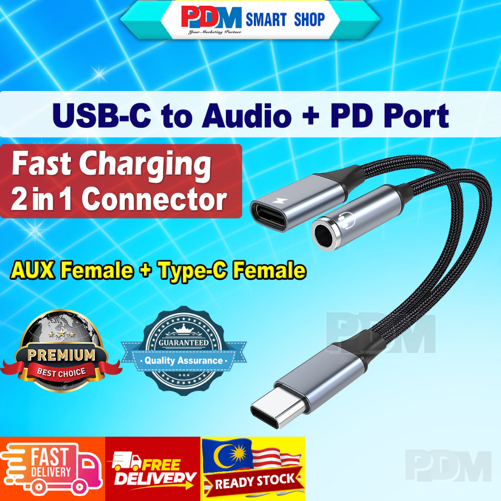 PDM 2in1 Type C to Female AUX 3.5mm Jack Audio Adapter with Type C ...
