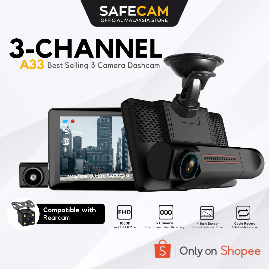 SAFECAM A33 Triple Lens 3 Camera 1080P Dashcam Front Cam + Inner Cam ...