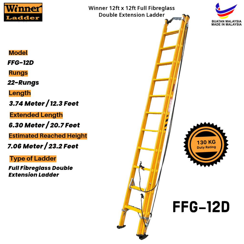 Winner Full Fibreglass Double Extension Ladder 10ft x 10ft 12ftx12ft ...