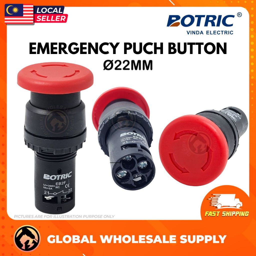 BOTRIC Emergency Push Button with Reset/Lock E-Stop Diameter 22mm NO NC ...