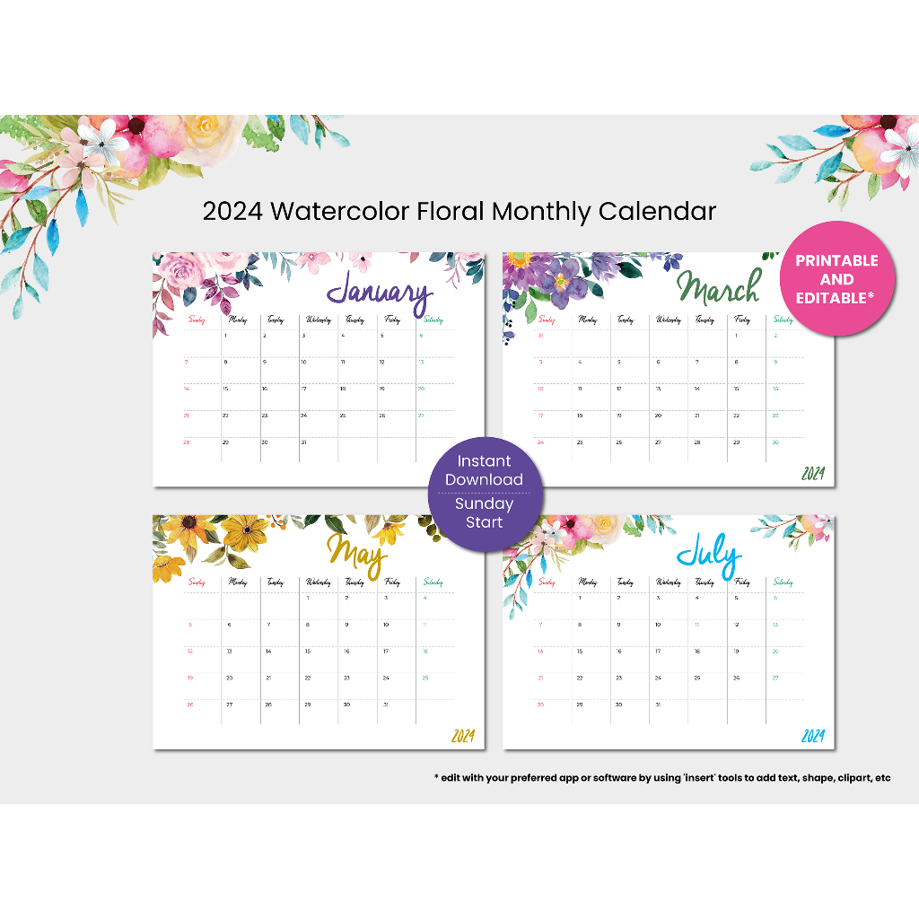 2024 Watercolor Floral Calendar | Printable Landscape Horizontal | US ...