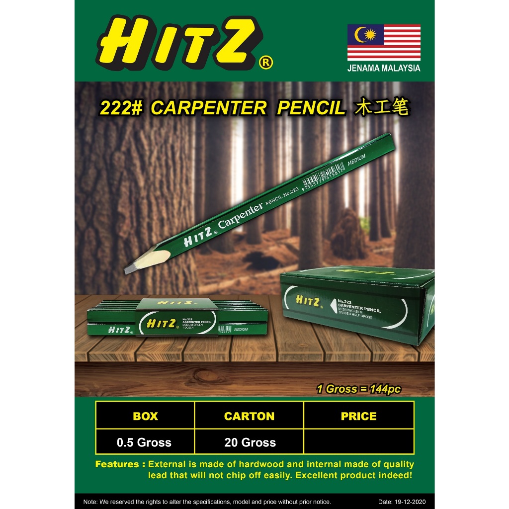HITZ 222 Medium Green Carpenter Pencil. Flat Wooden Pencil. Pensil Kayu ...