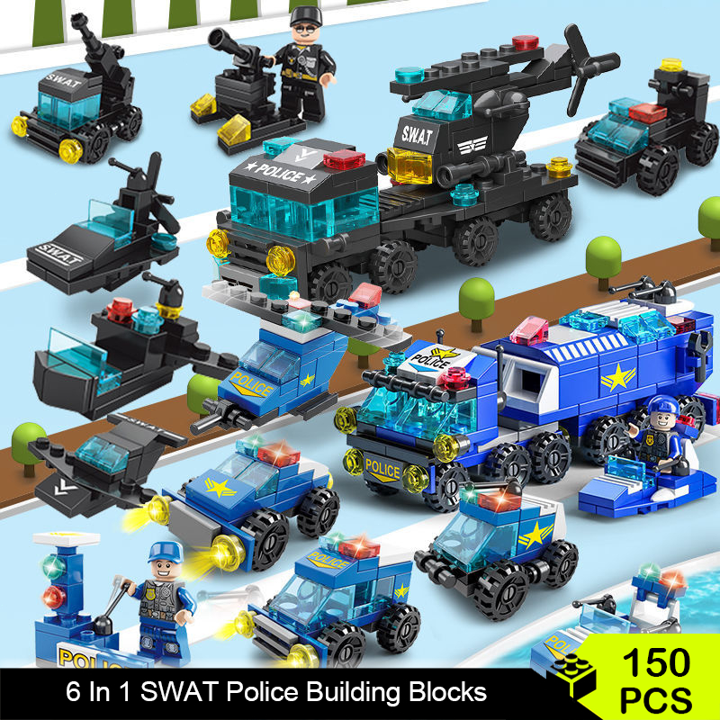 现货 积木警车6 In 1 SWAT Police Building Blocks City Small Pellet Creative ...