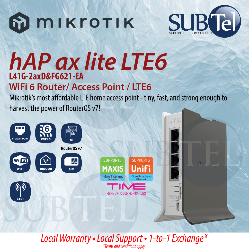 Mikrotik hAP ax Lite LTE6 (L41G-2axD&FG621-EA) WiFi6 AP LTE6 RouterOSv7 4xLAN 1xmicroSIM ...