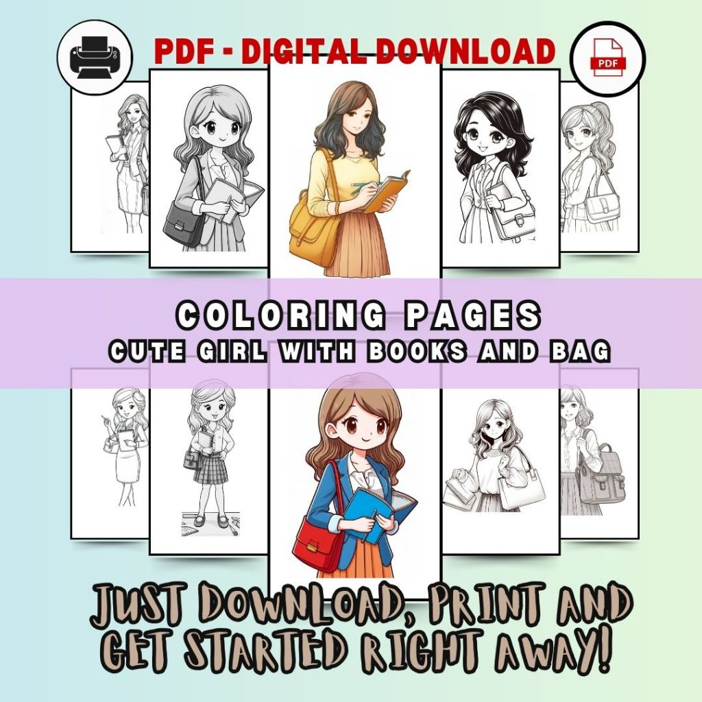 [PDF] Printable Cute Girl With Books and Bag Coloring Book For Kids ...