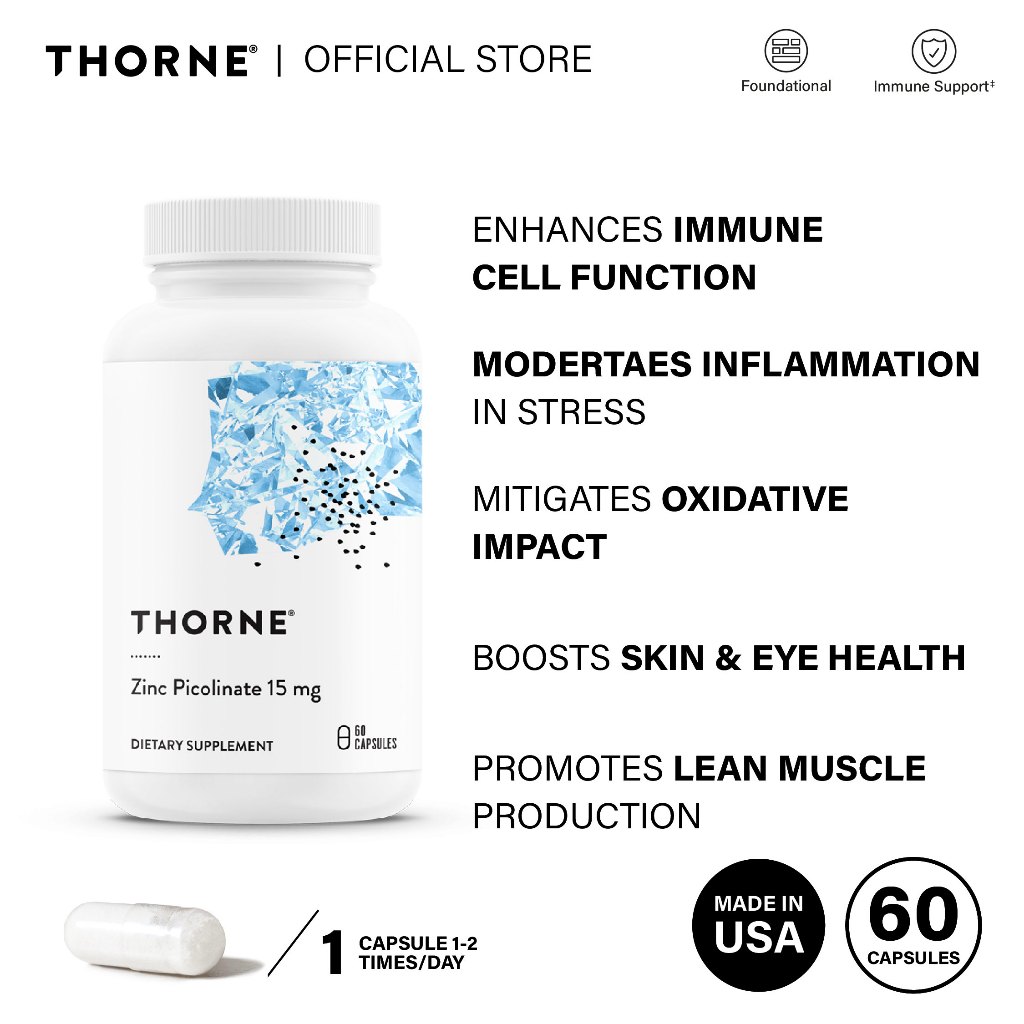 Thorne Zinc Picolinate 15 mg 60 Capsules Supports Immunity, Eye, Nerve ...