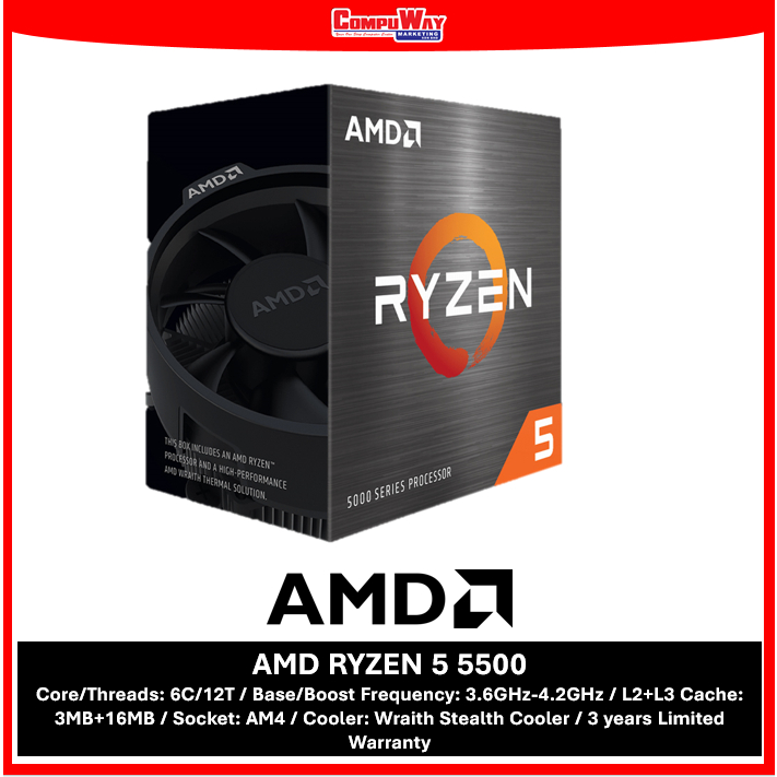 AMD RYZEN 5 5500 (6C/12T/3.6-4.2GHZ/19MB L2+L3) PROCESSOR WITH WRAITH ...