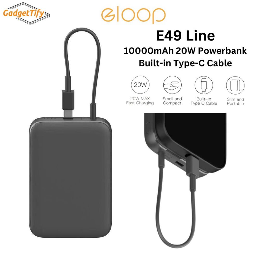 Eloop E49L/E49 10000mAh PD 20W Fast Charging Powerbank Built-in Type-C Cable Black | Shopee Malaysia