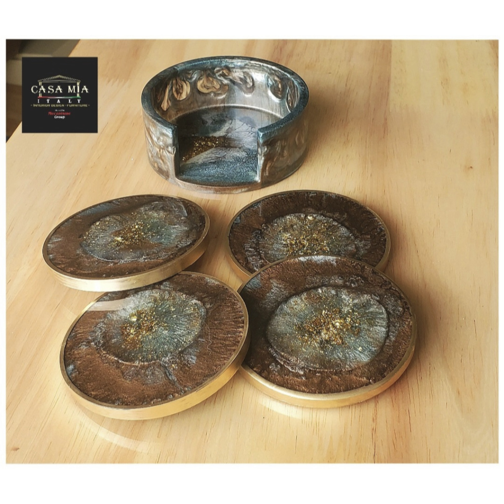 Handmade Eposy Resin coaster set with holder/ Set Alas Cawan Epoxy ...