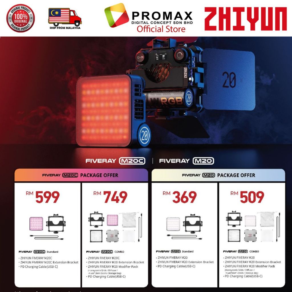 Zhiyun FIVERAY M20 / M20C RGB LED Light (Standard / Combo) 100% ...