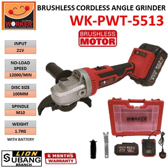 WORKER 21V Lithium 100mm/4" 12,000rpm Brushless Angle Grinder WK-PWT-5513 - Brand USA - 6 Months ...