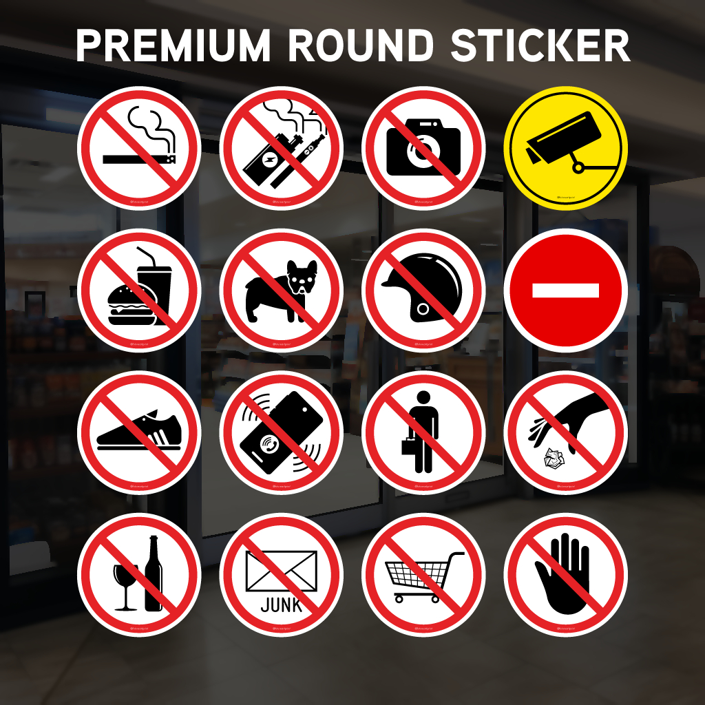 No Prohibited Prohibition Dilarang. Premium Round Sticker Sign Signage ...