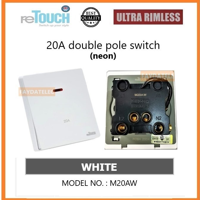 Retouch Ultra Rimless White 20A 45A 13A Universal USB LAN Dimmer Switch ...