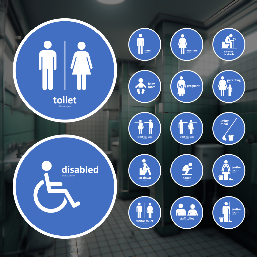 Toilet Restroom Tandas. Premium Sticker Round Sign Signage. Blue Color ...