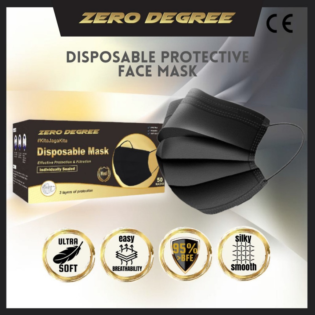 ZERO DEGREE 50pcs Full Black colour 3ply Face mask Non Medical ...