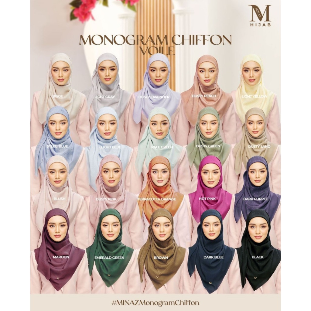 Minaz Hijab Plain Monogram Chiffon 2023 Bidang 45'' Untuk Dewasa ...