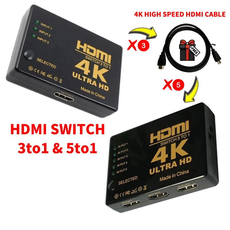 SWITCH 3to1 & SWITCH5to1 4K HDMI Switch Selector Switcher Splitter Hub with Remote Control ...