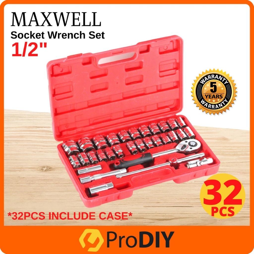 MAXWELL Chrome 32pcs 1/2 Inch Dr Socket Wrench Set Ratchet Spanner ...