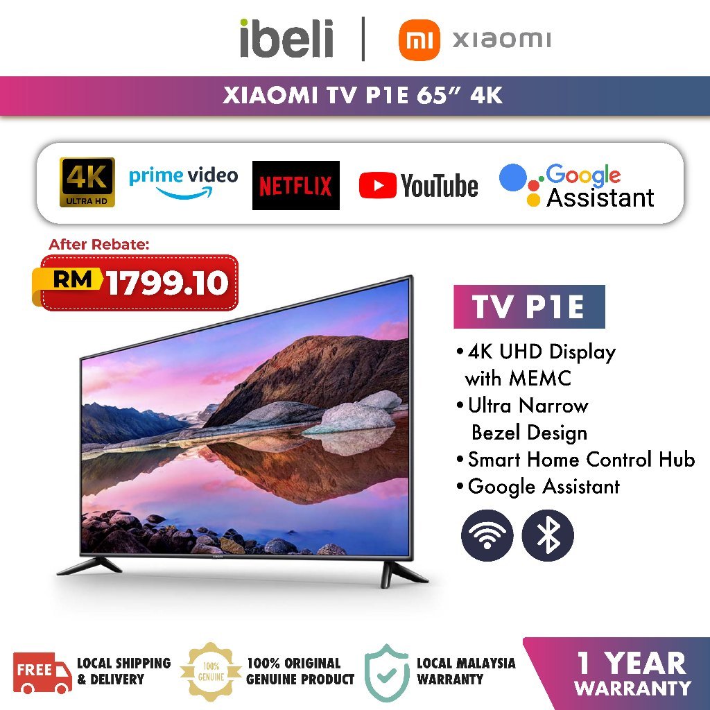 Xiaomi Mi TV P1E 65 Inch Smart TV 4K UHD Display WiFi Google Youtube Chromecast Android TV (65 ...