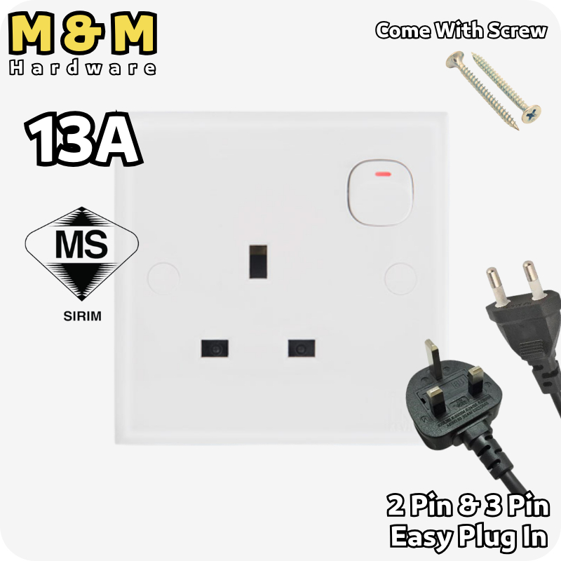13A 3 PIN Switch Socket SIRIM 2Pin Easy Plug In Come With Screw ...