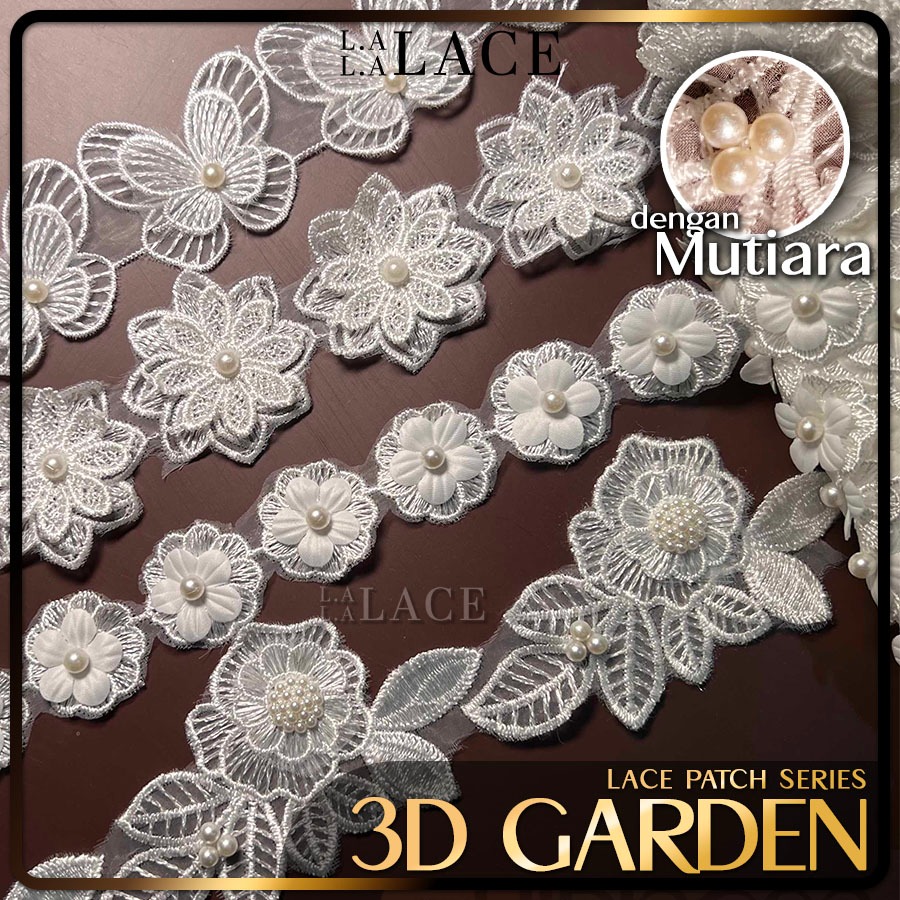 3D Garden Pearl Flower Chemical Lace Patch Mutiara White Organza ...